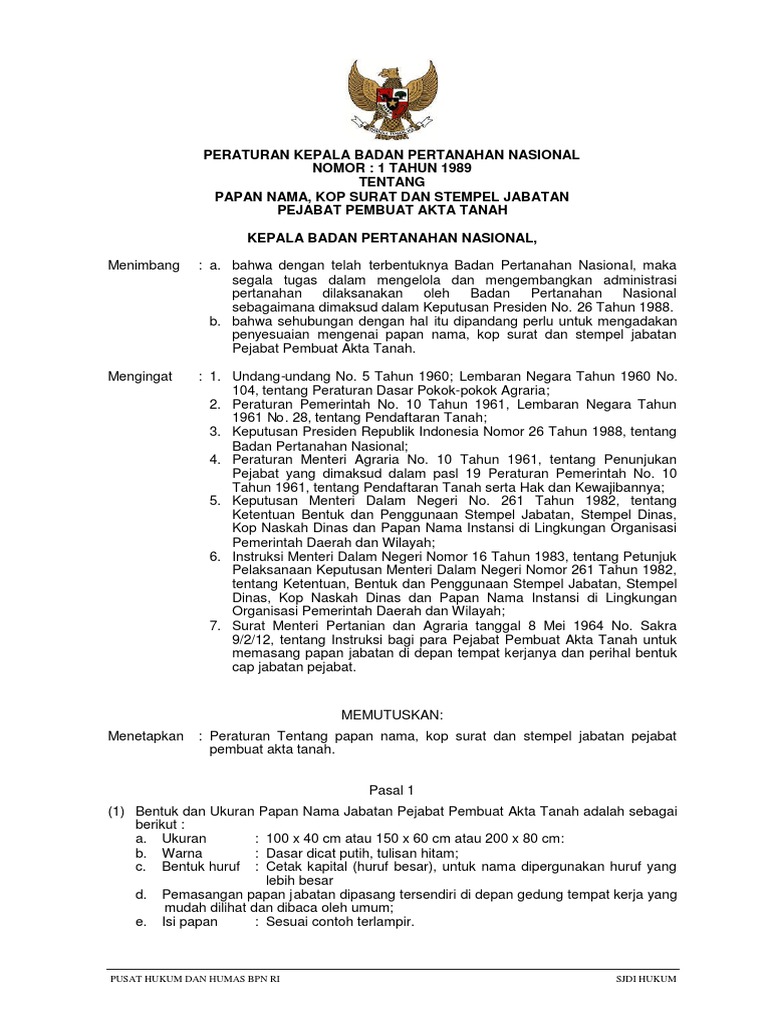 Peraturan Kepala BPN Nomor 1 Tahun 1989 TTG Papan Nama Kop Surat Dan ...