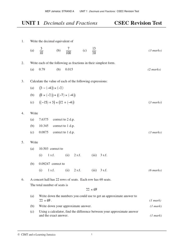 CSECRevisionTest Decimals PDF Decimal Notation