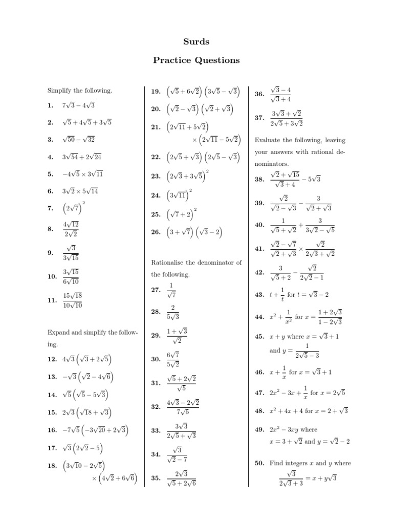 Surds Practice Questions and Solutions | PDF | Elementary Mathematics ...