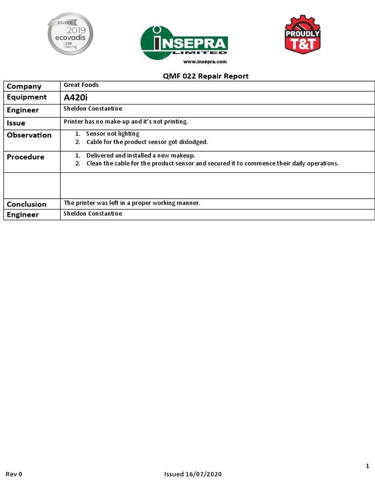 QMF 022 Repair Report Great Foods | PDF | Home & Garden | Technology ...