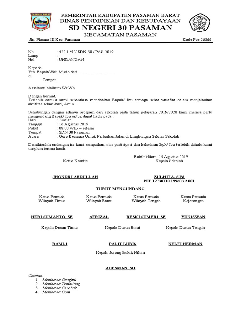 Undangan Goro Bersama SDN 30 Pasaman | PDF