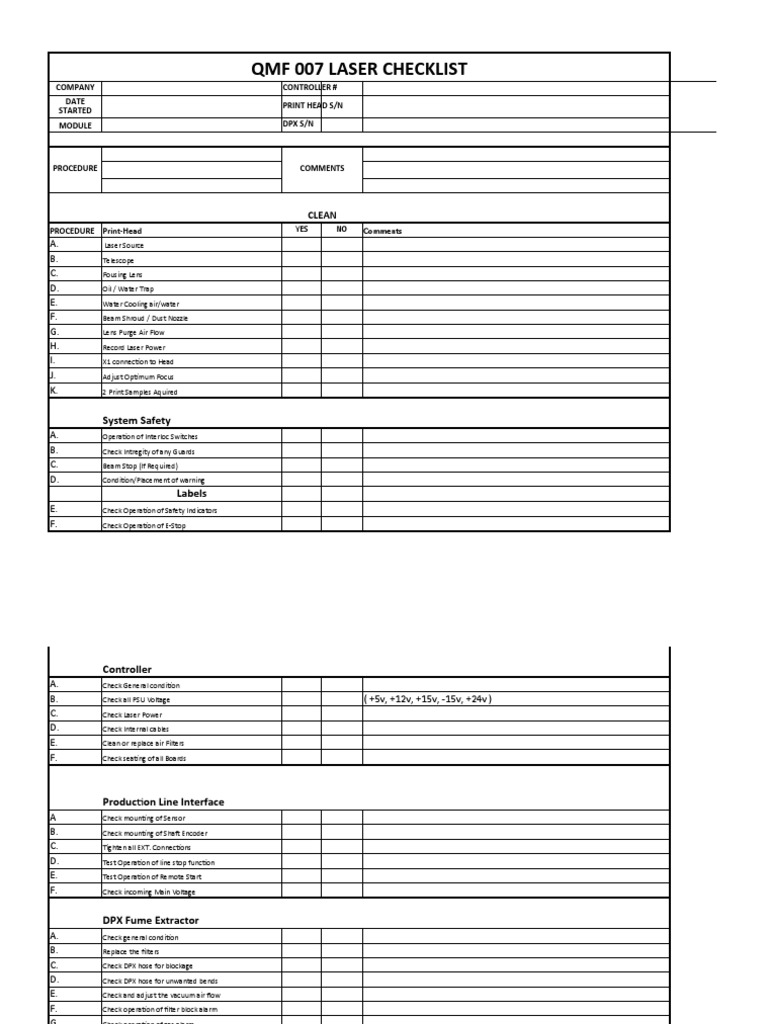 QMF 007 Laser Service Checklist | PDF | Equipment | Manufactured Goods