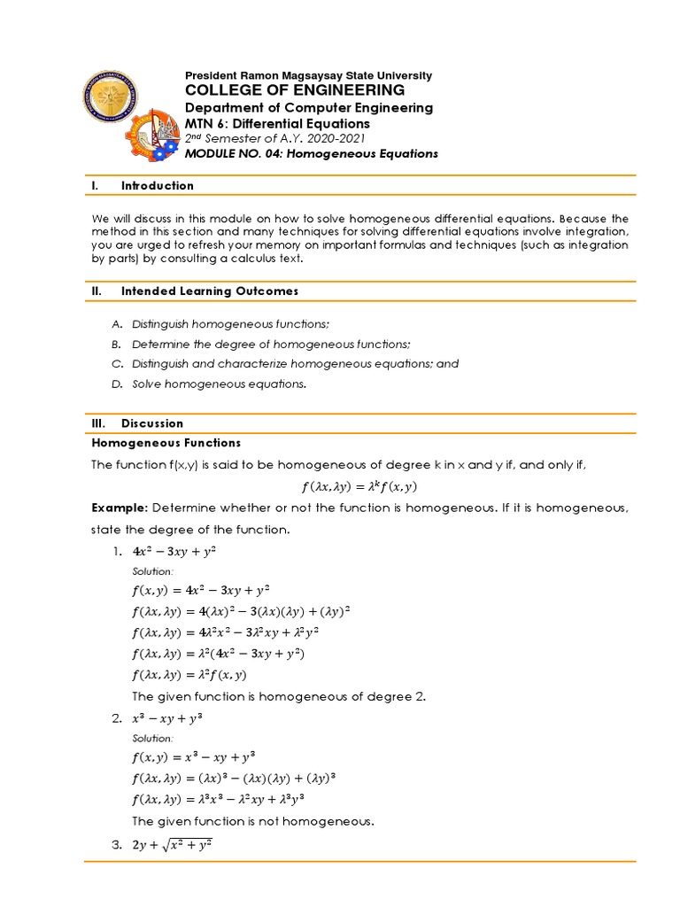 Solving Homogeneous Differential Equations | PDF | Differential ...