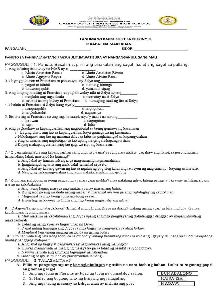 Lagumang Pagsusulit Sa Filipino 8 | PDF