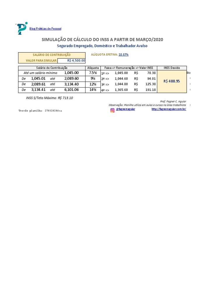 Simulação de Cálculo do INSS 2020 | PDF | Finanças e Administração de ...
