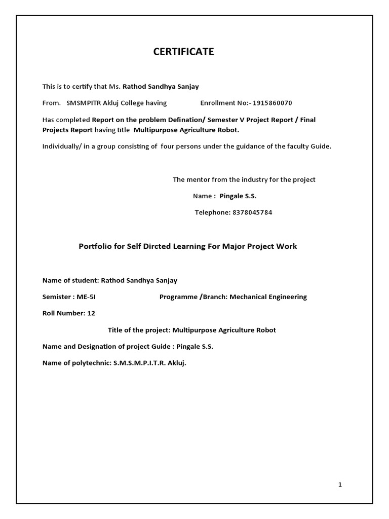 Certificate: Portfolio For Self Dircted Learning For Major Project Work ...