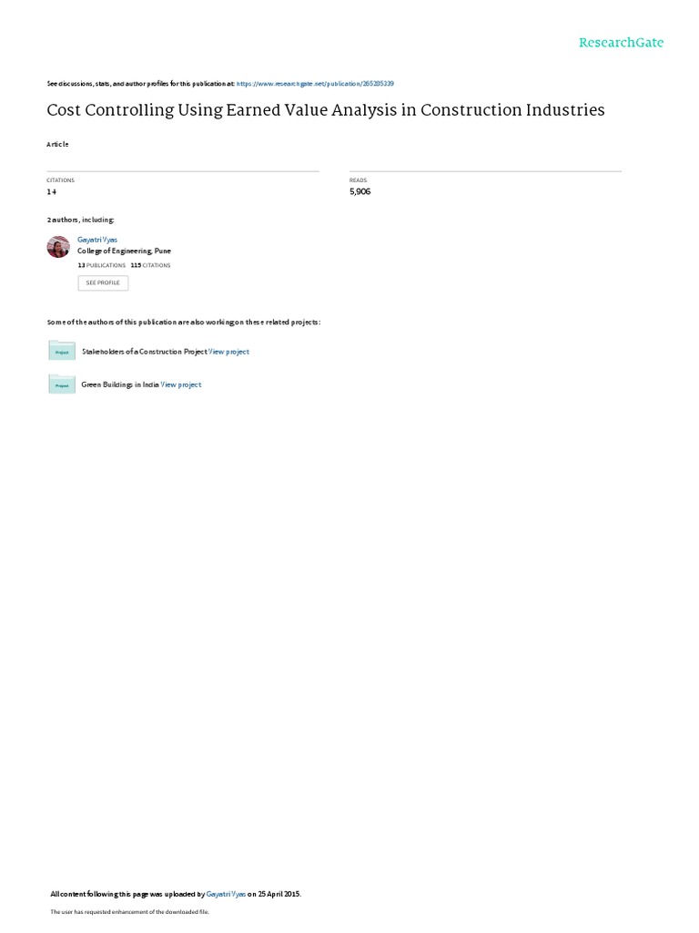 Cost Controlling Using Earned Value Analysis in Construction Industries | PDF | Project ...