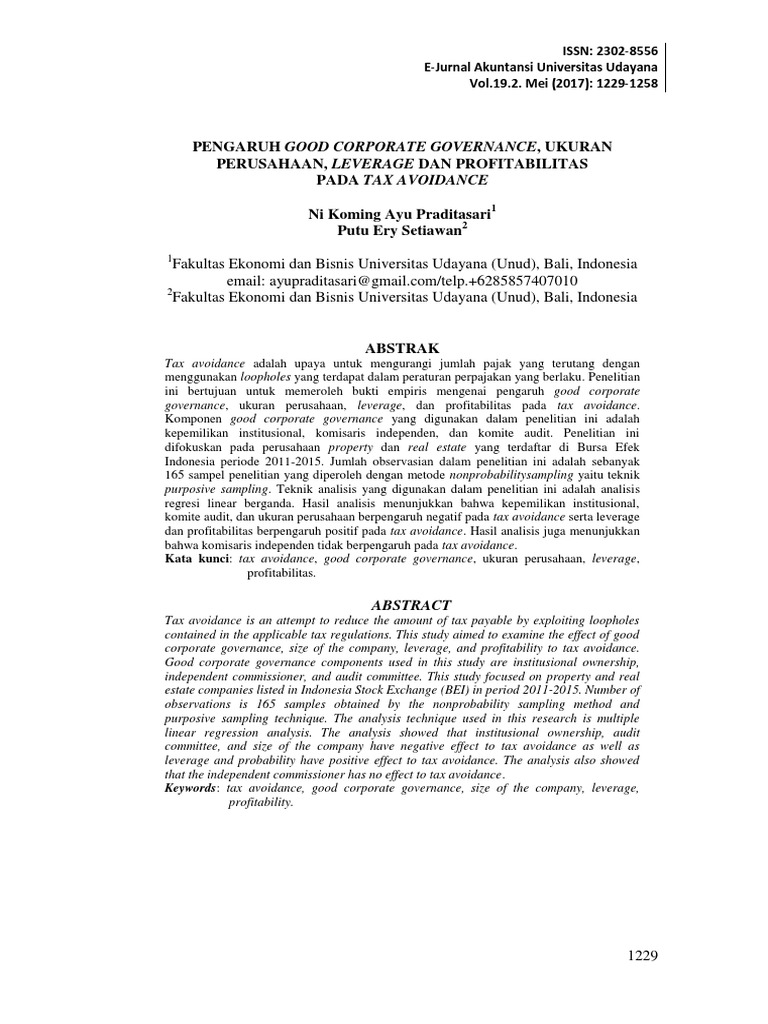 Pengaruh Good Corporate Governance, Ukuran Perusahaan, Leverage Dan ... Pengaruh Good Corporate Governance, Ukuran Perusahaan, Leverage Dan ...