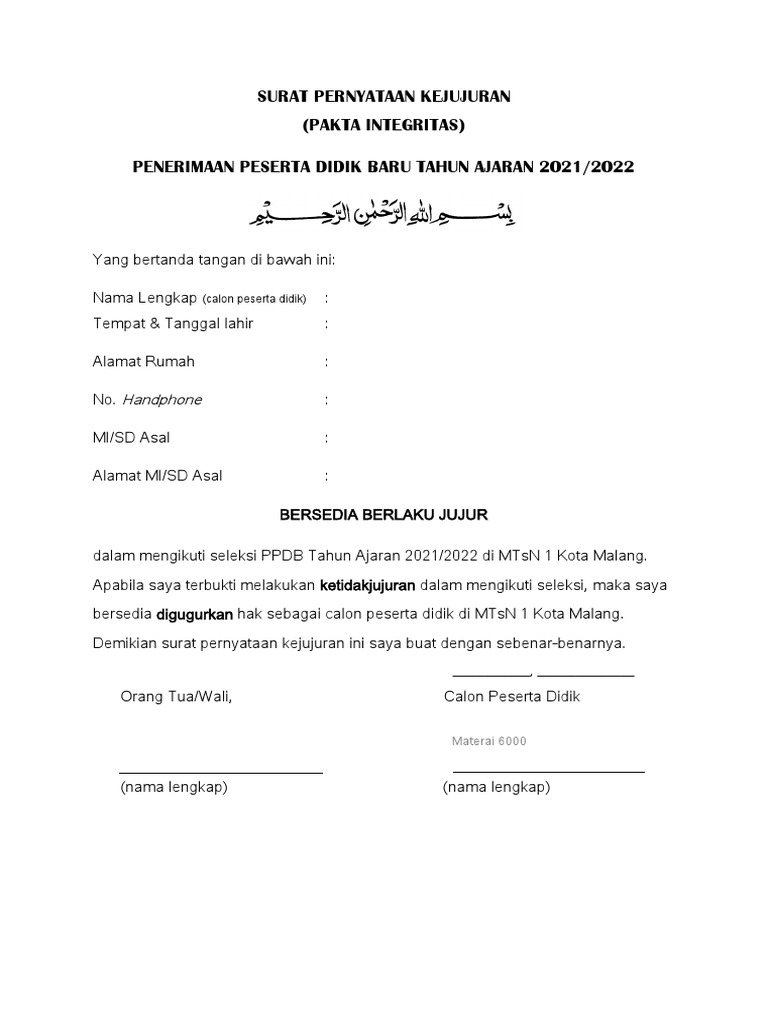 Surat Pernyataan Kejujuran (Pakta Integritas) | PDF