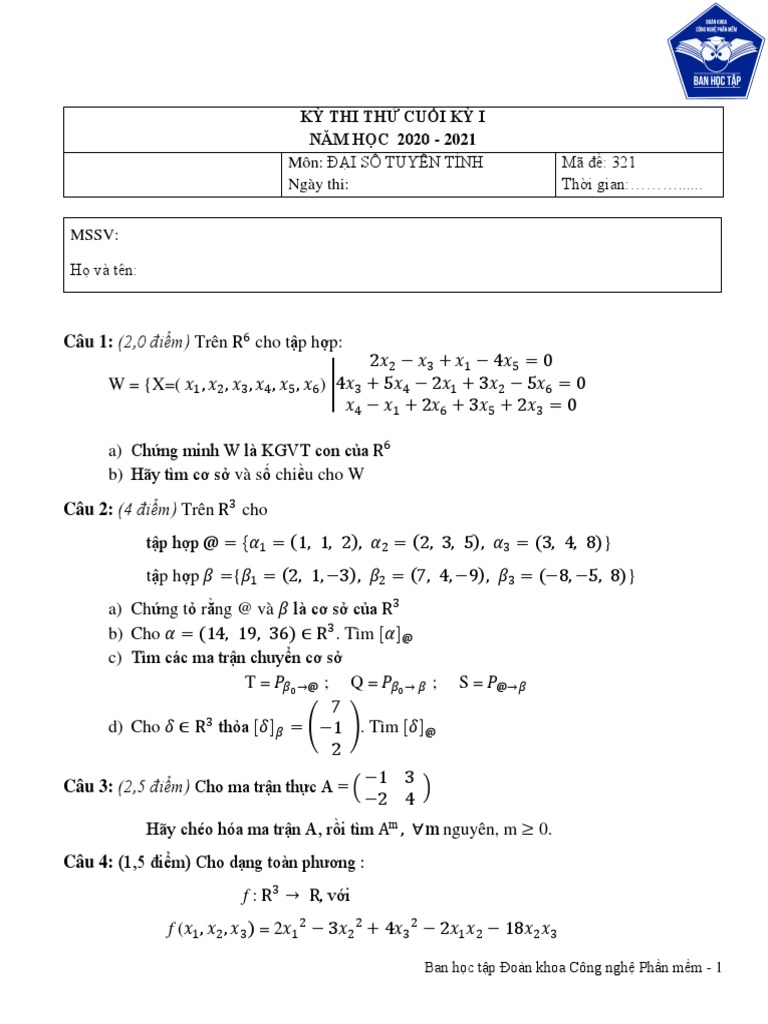 Đề thi thử ĐSTT CK1 | PDF
