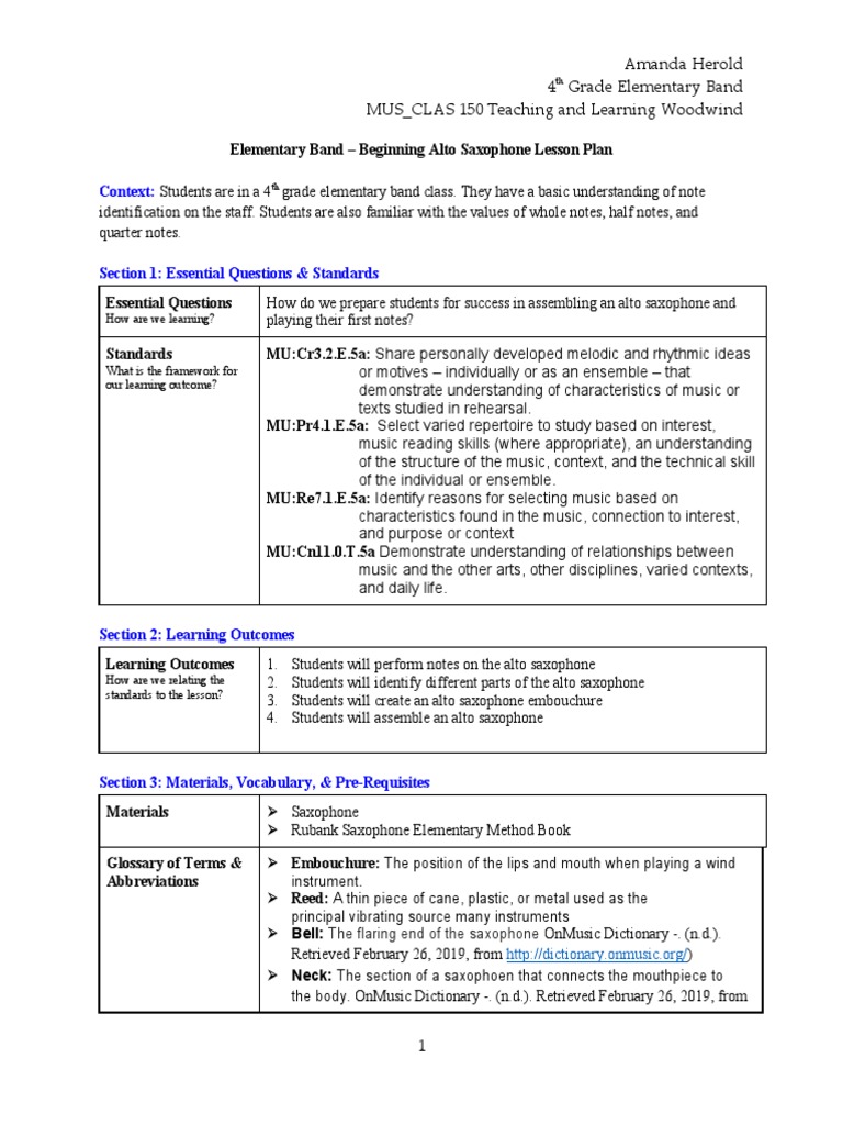 4th Grade Alto Saxophone Lesson Plan | PDF | Saxophone | Musical ...