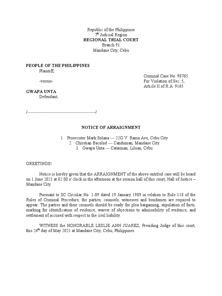 LAGUITAO - Notice of Arraignment & Pretrial | PDF
