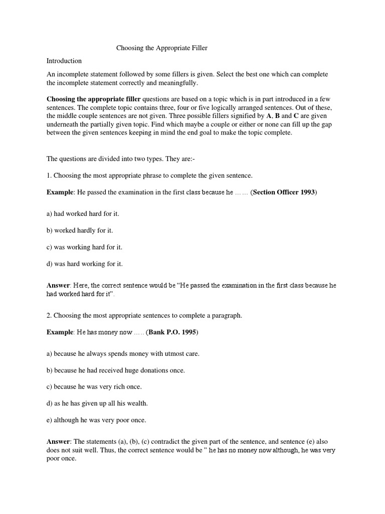 Sentence Completion..fillers | PDF | Finance & Money Management ...