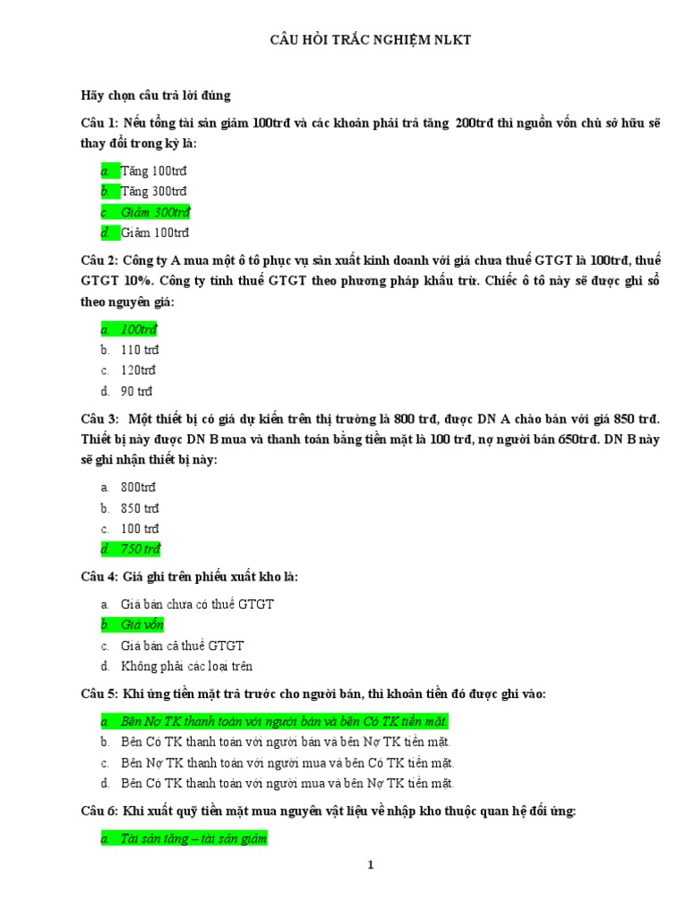 (123doc) Trac Nghiem Mon Nguyen Ly Ke Toan Co Dap An | PDF