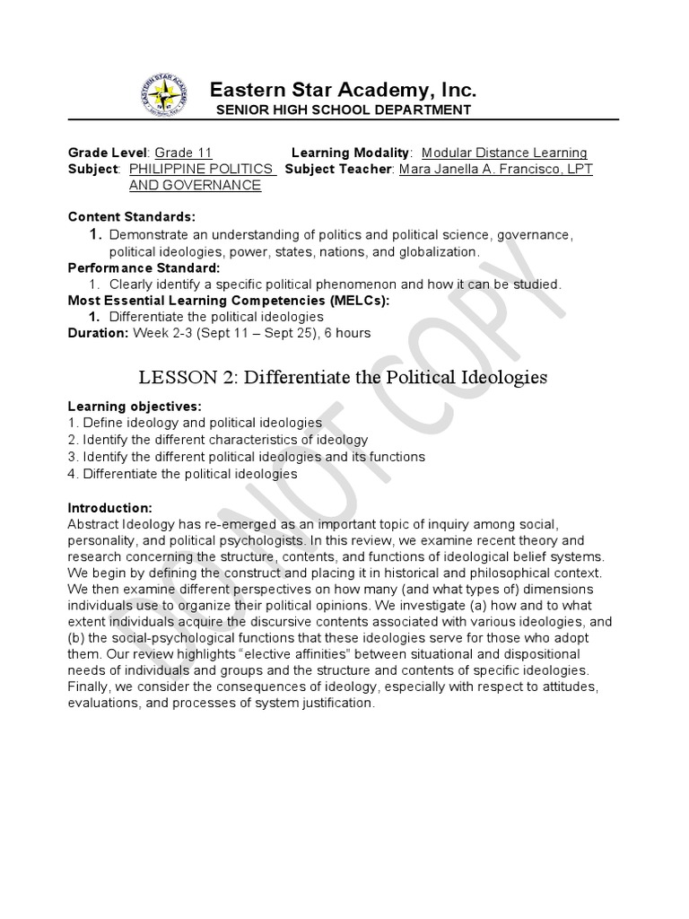 Eastern Star Academy, Inc.: LESSON 2: Differentiate The Political ...