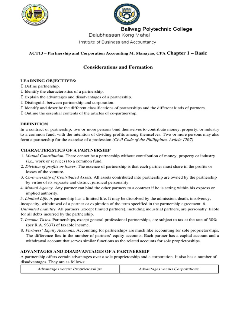 Basic Considerations and Formation 1 | PDF | Limited Partnership | Partnership