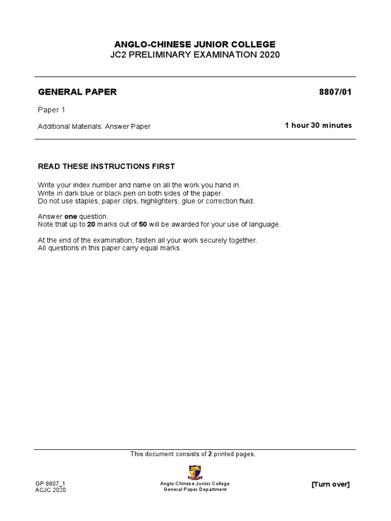2020 ACJC GP Prelim P1 Question Paper | PDF