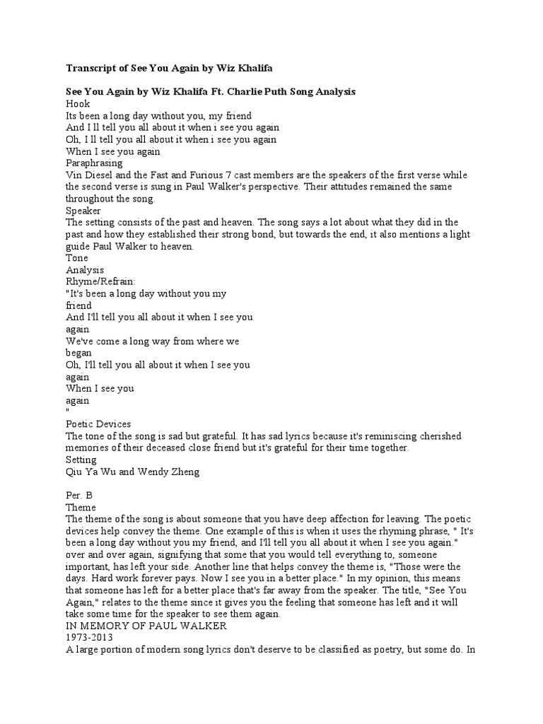 Analysis Song See You Again Sasing | PDF | Poetry | Musical Forms