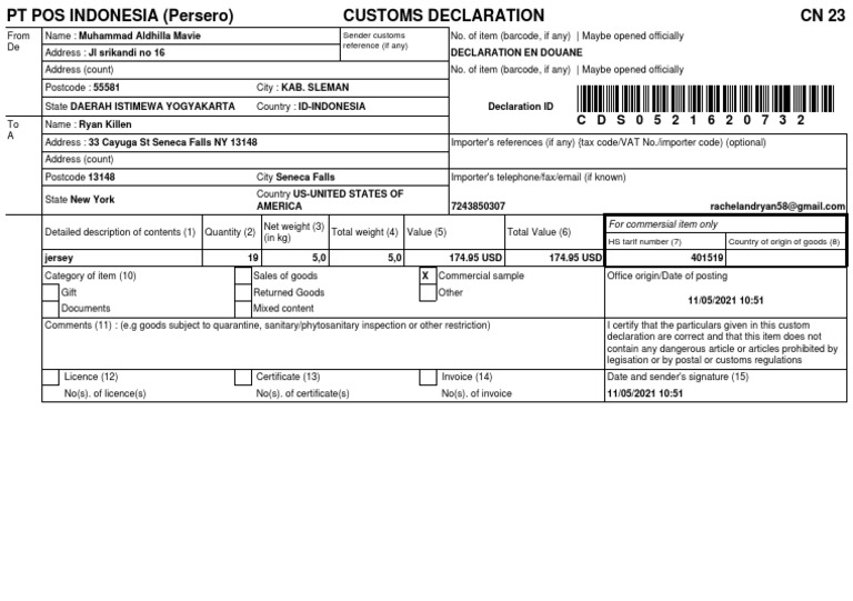 Declaration en Douane: Sender Customs Reference (If Any) | PDF ...
