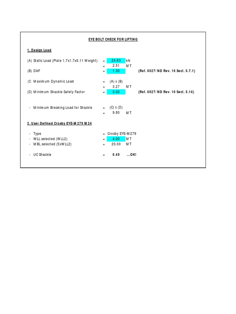Eye Bolt Check For Lifting Calculation | PDF