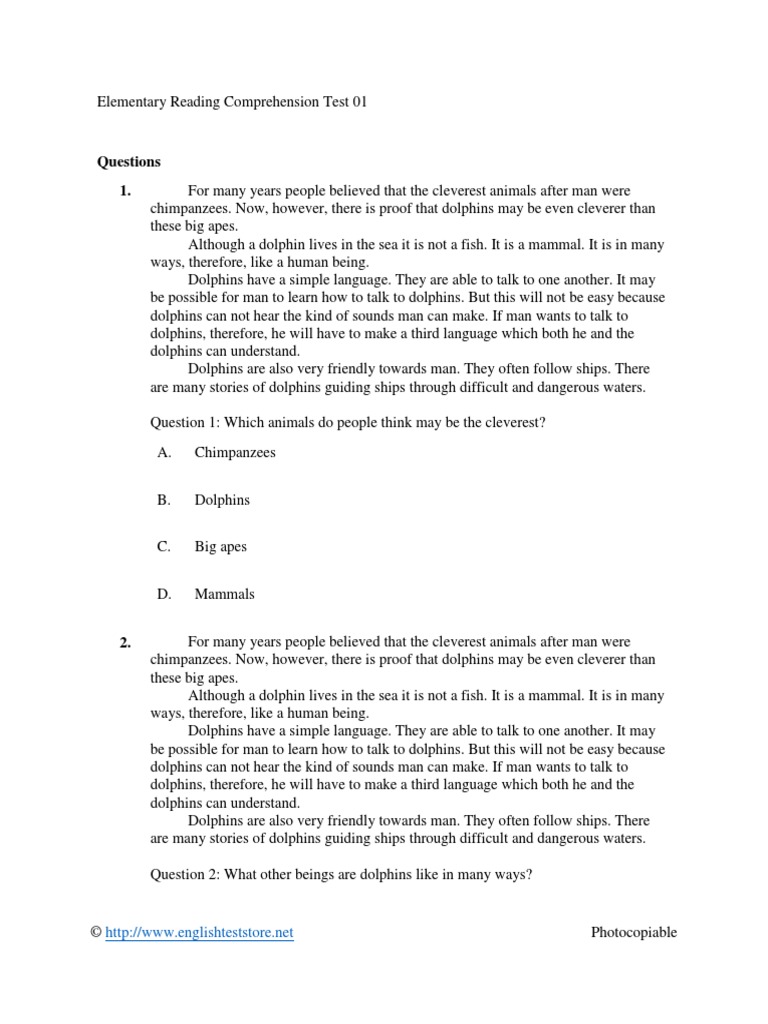 Elementary Reading Comprehension Test 01 | PDF | Dolphin | Chimpanzee
