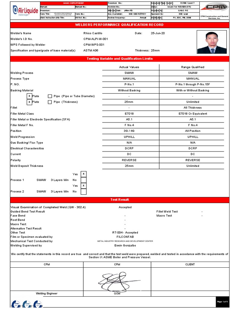 Welders Performance Qualification Record: Actual Values Range Qualified ...