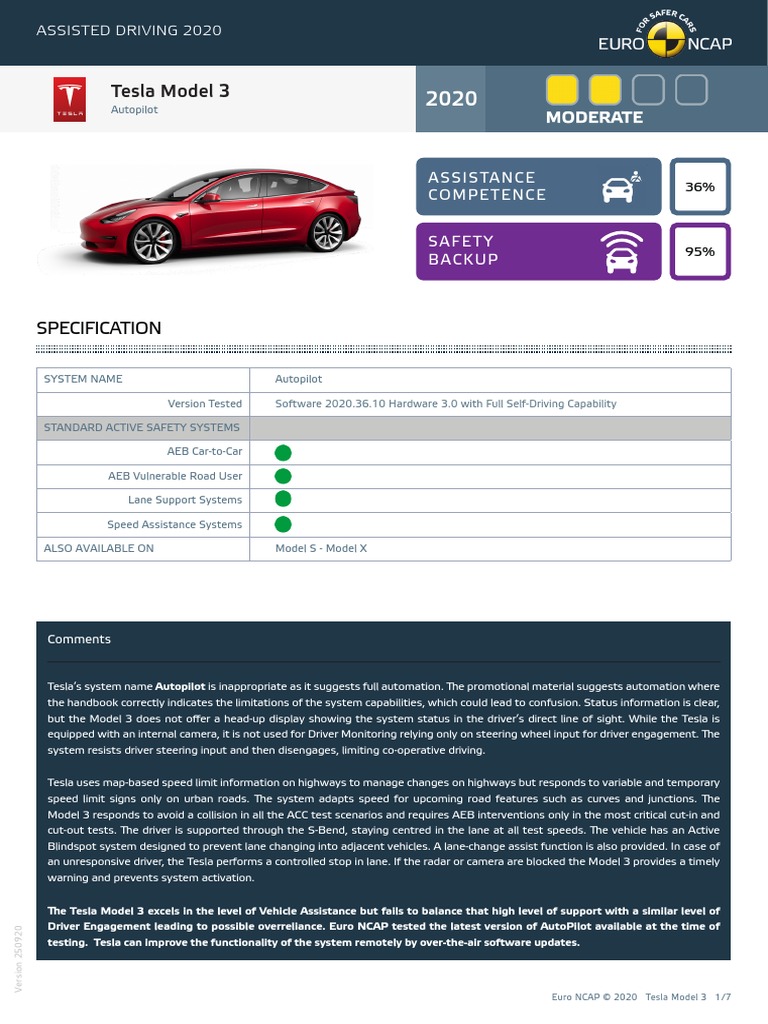 Euro Ncap Assisted Driving 2020 Tesla Model 3 Datasheet | PDF ...