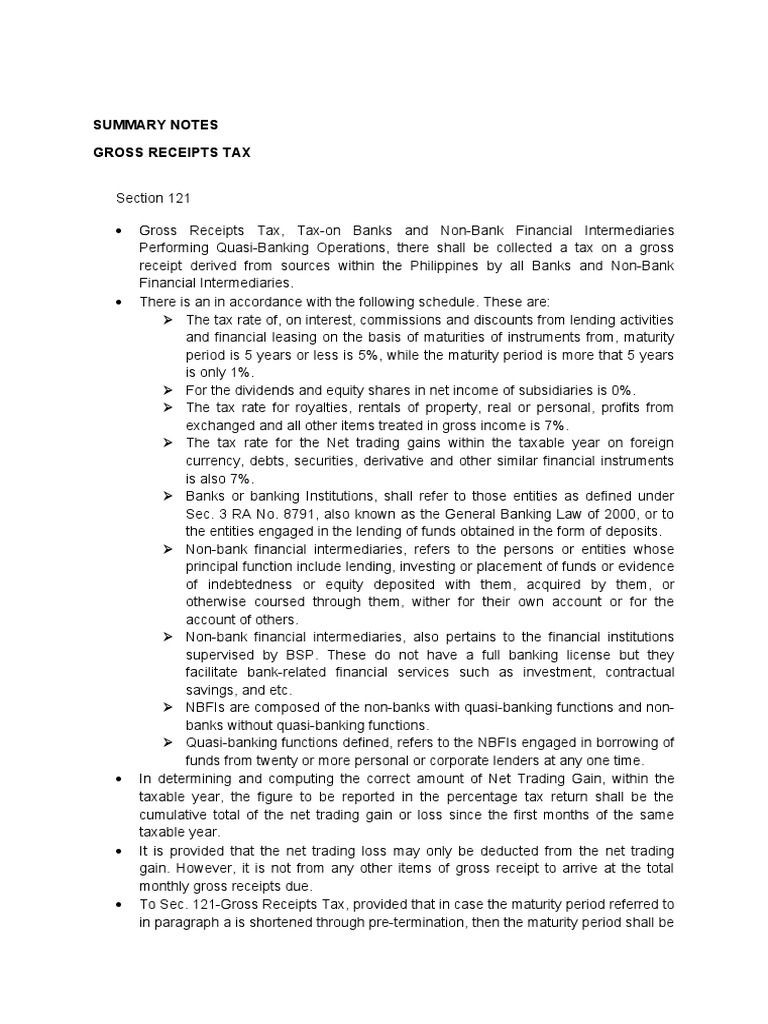 Summary Notes Gross Receipts Tax | PDF | Non Bank Financial Institution ...
