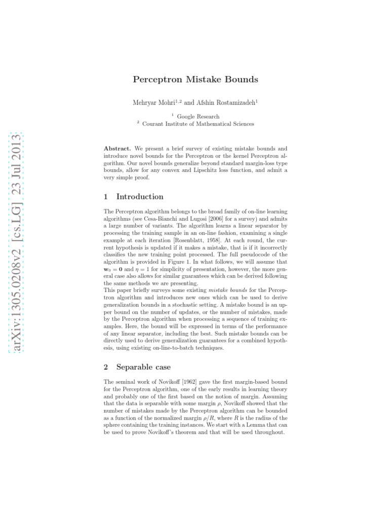Perceptron Mistake Bound Pdf Teaching Mathematics Mathematical Analysis