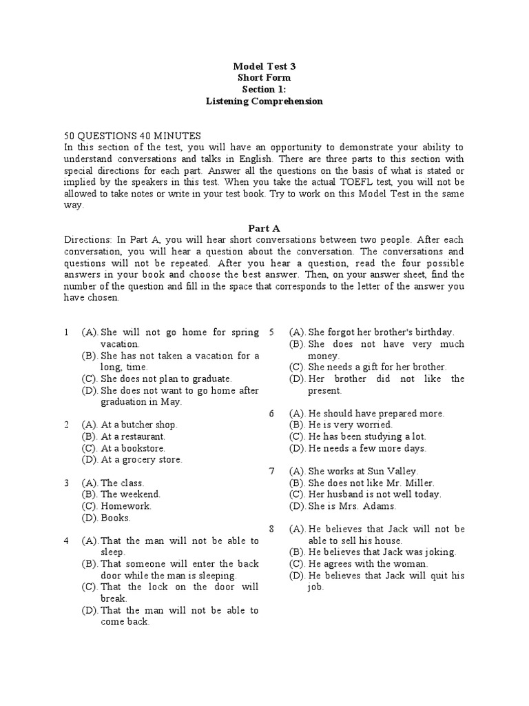 Model Test 3 Short Form Section 1: Listening Comprehension | PDF ...