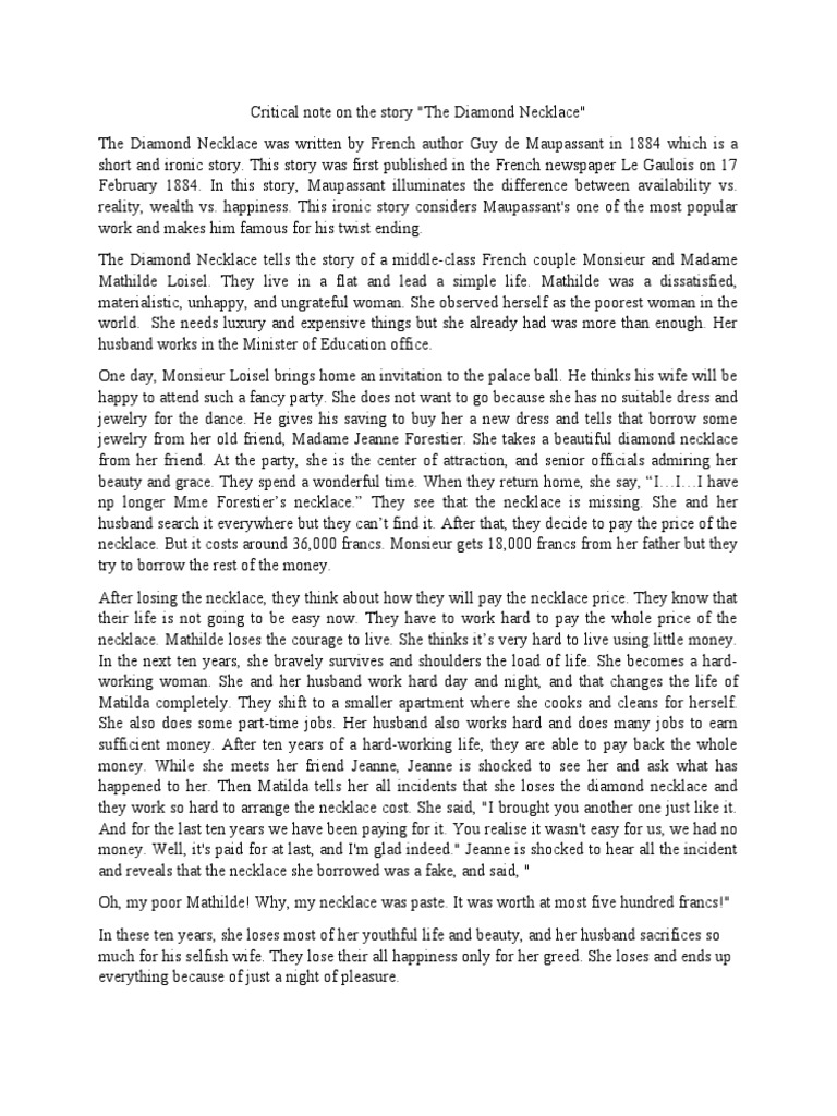 Critical Note On The Story "The Diamond Necklace" | PDF