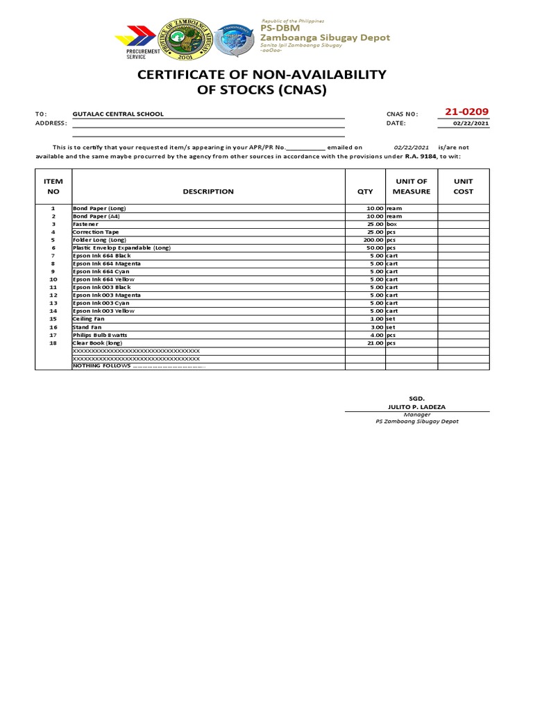 Certificate of Non-Availability of Stocks (Cnas) : PS-DBM Zamboanga ...