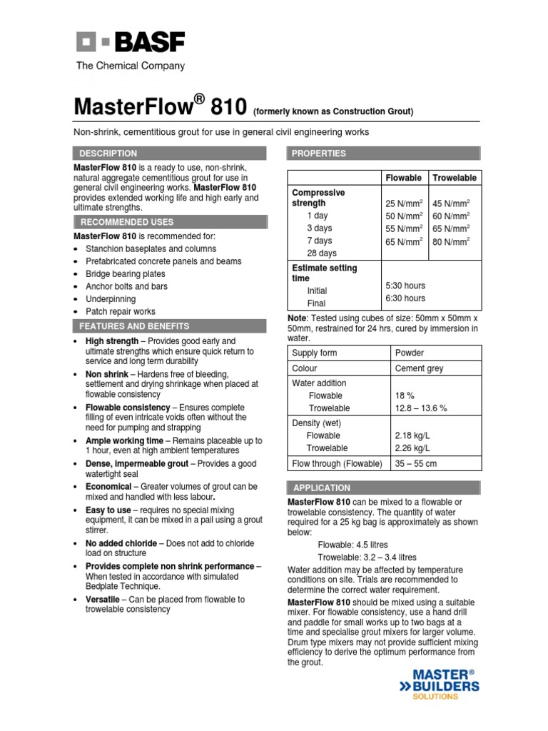 MasterFlow 810 (Construction Grout) | Download Free PDF | Concrete | Water