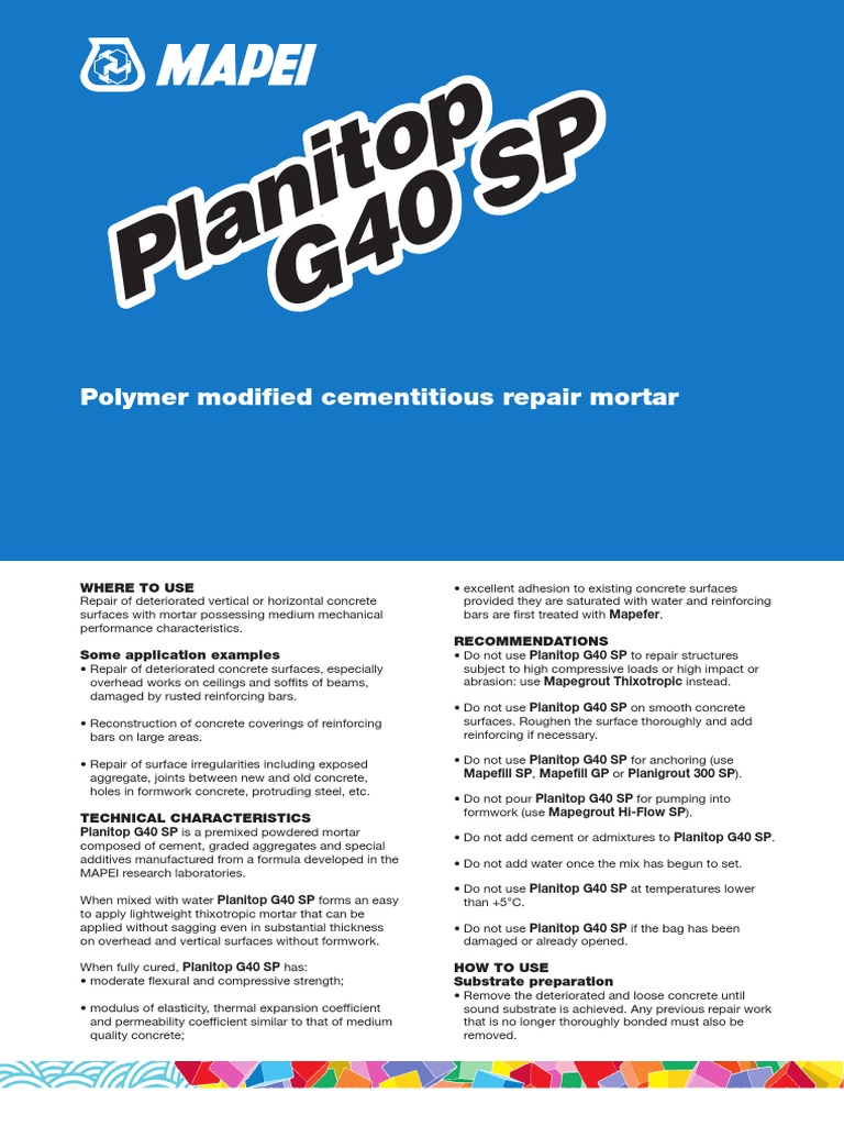 Planitop G40 SP | PDF | Mortar (Masonry) | Concrete