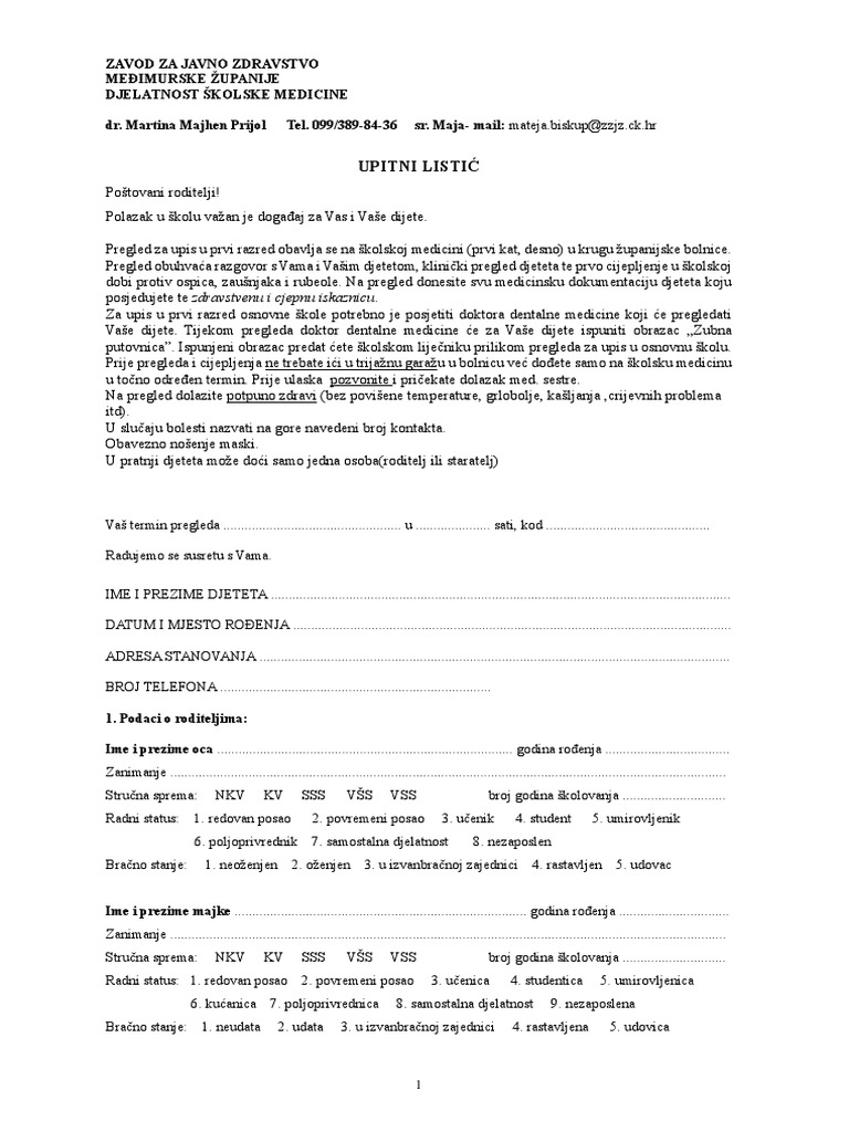 Upitni Listić Popunjava Roditelj | PDF