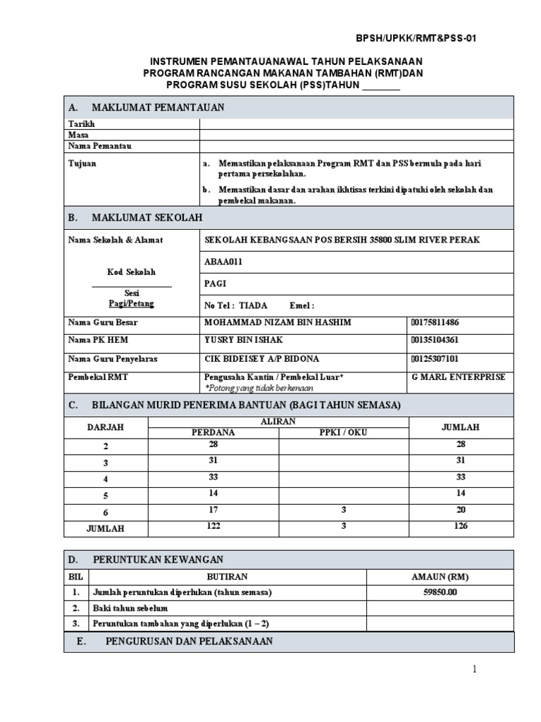 Borang Pemantauan RMT PSS | PDF