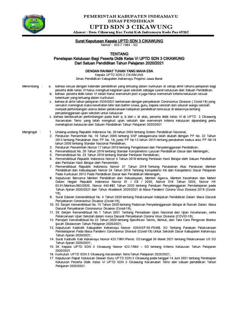 Contoh SK Penetapan Kelulusan Peserta Ujian Sekolah | PDF Contoh SK Penetapan Kelulusan Peserta Ujian Sekolah | PDF
