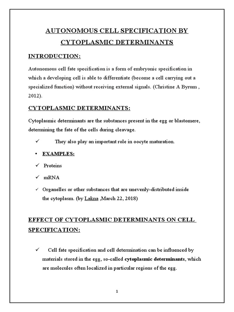Autonomous Cell Specification by Cytoplasmic Determinants | PDF | Cell ...
