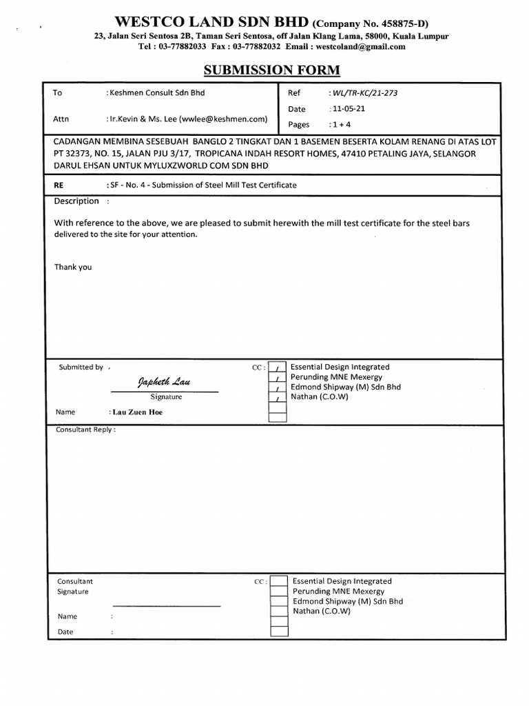 SF NO.4 - Submission of Steel Mill Test Certificate | PDF