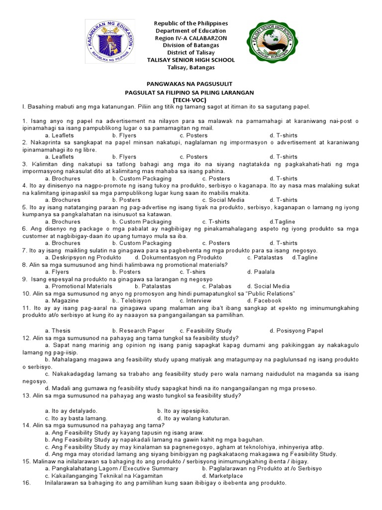 fINAL eXAM-pAGSULAT SA FILIPINO (TECH VOC) | PDF