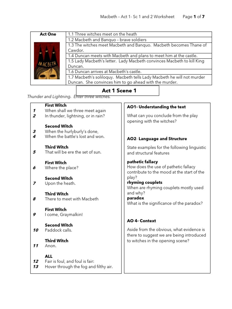 Macbeth Act One - SC 1 & 2 Worksheet | PDF | Macbeth