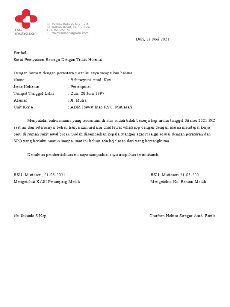 Surat Resign Rahmayuni dari RSU Mutiasari | PDF