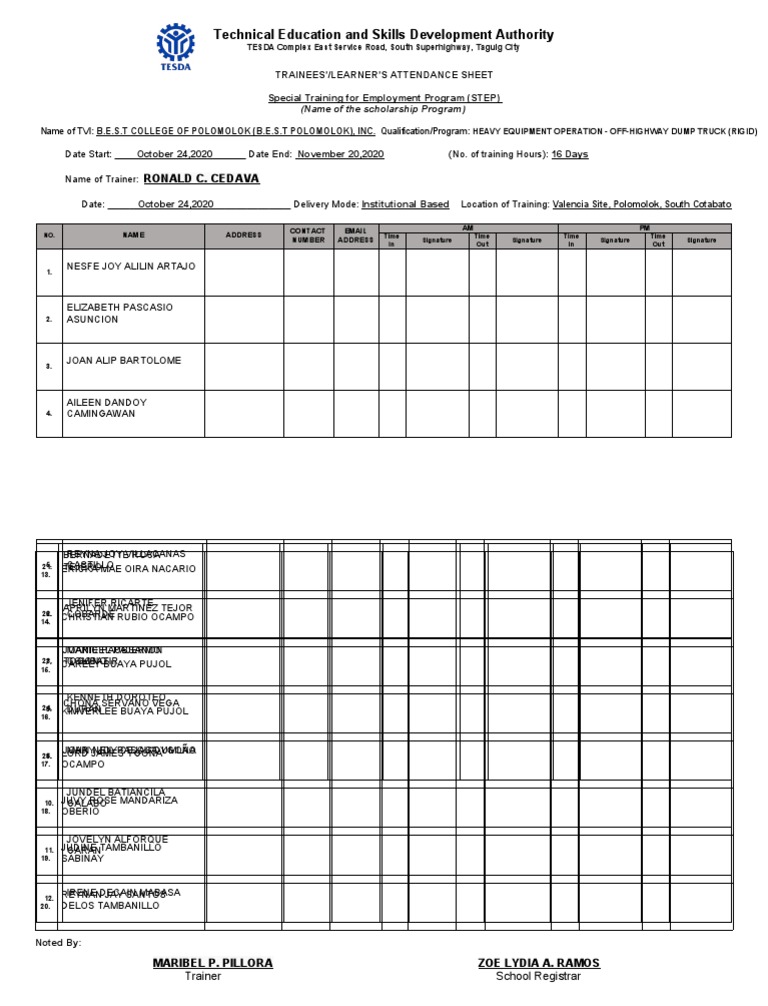 New Attendance Sheet Tesda - Dumptruck | PDF | Career And Technical ...