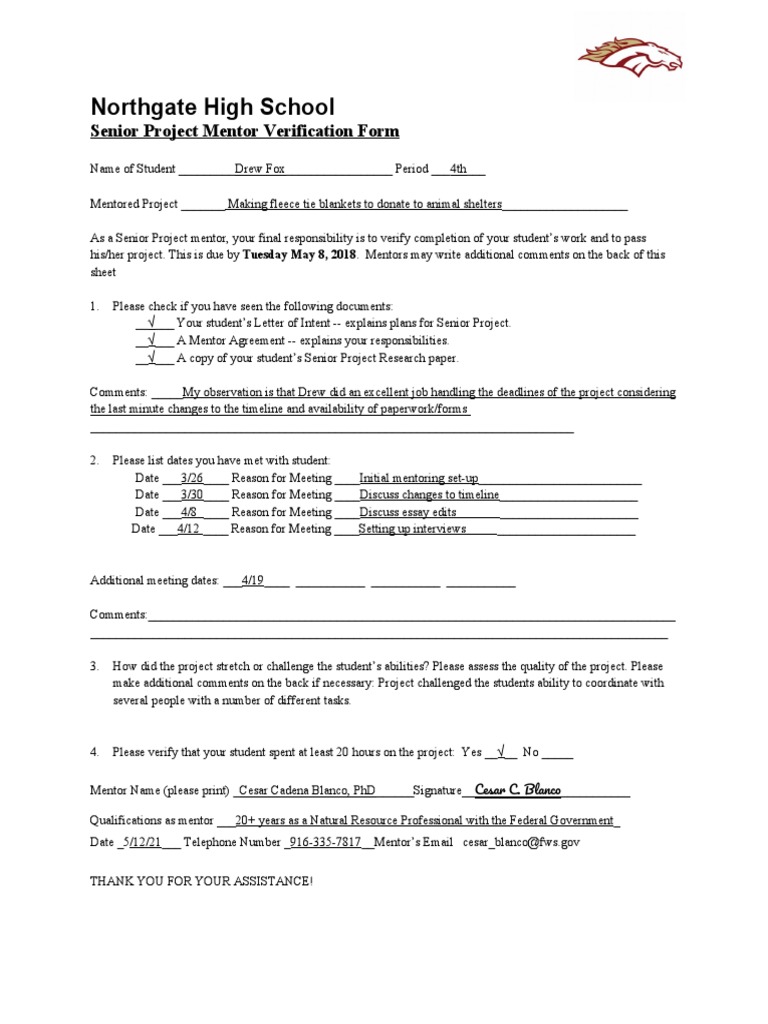 Senior Project Mentor Verification Form | PDF