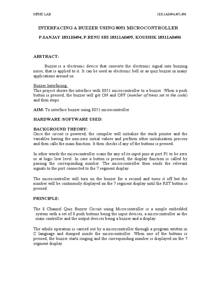 Interfacing A Buzzer Using 8051 Microcontroller: Abstract | PDF | Microcontroller | Interface ...
