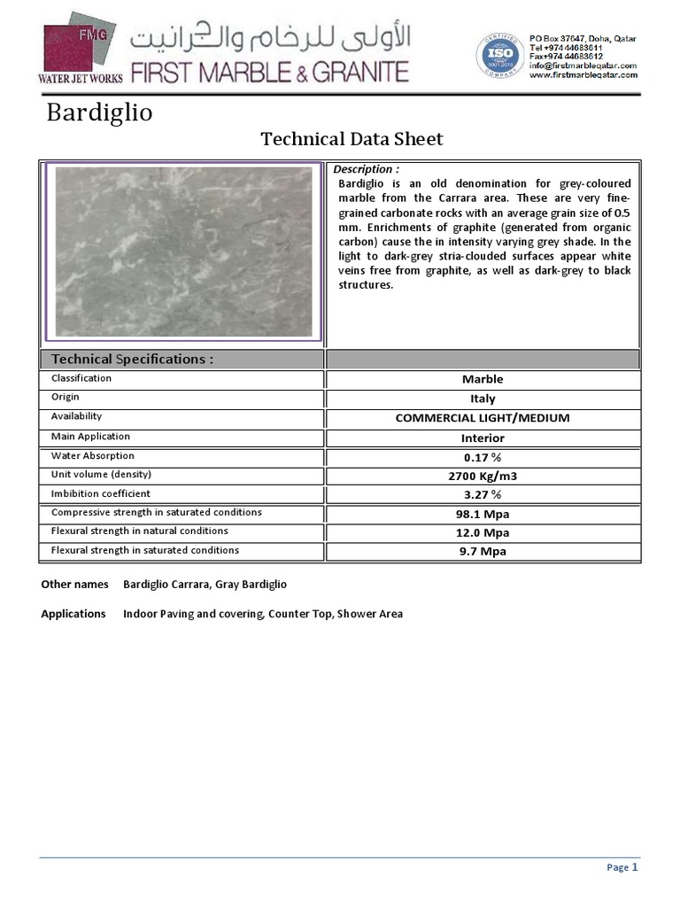 Bardiglio Marble Technical Specifications | PDF