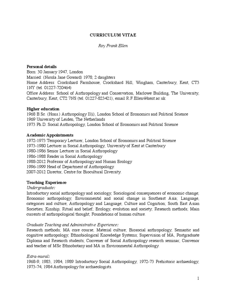 Roy Frank Ellen: Curriculum Vitae | PDF | Social Anthropology ...