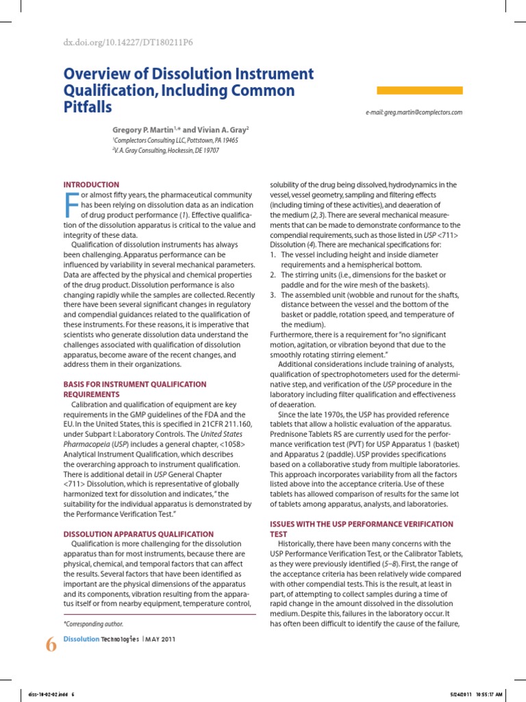 Overview of Dissolution Instrument Qualification, Including Common Pitfalls | PDF | Verification ...