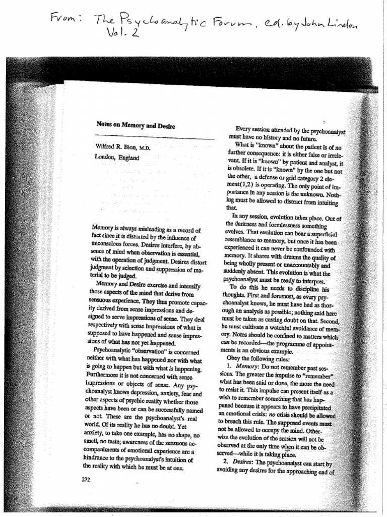 Bion W. Notes On Memory and Desires | PDF