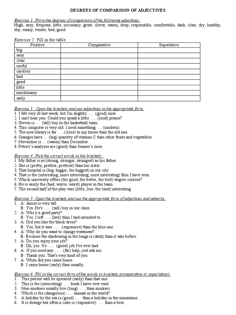 Adjective Comparison Exercises | PDF | Adjective | Linguistics